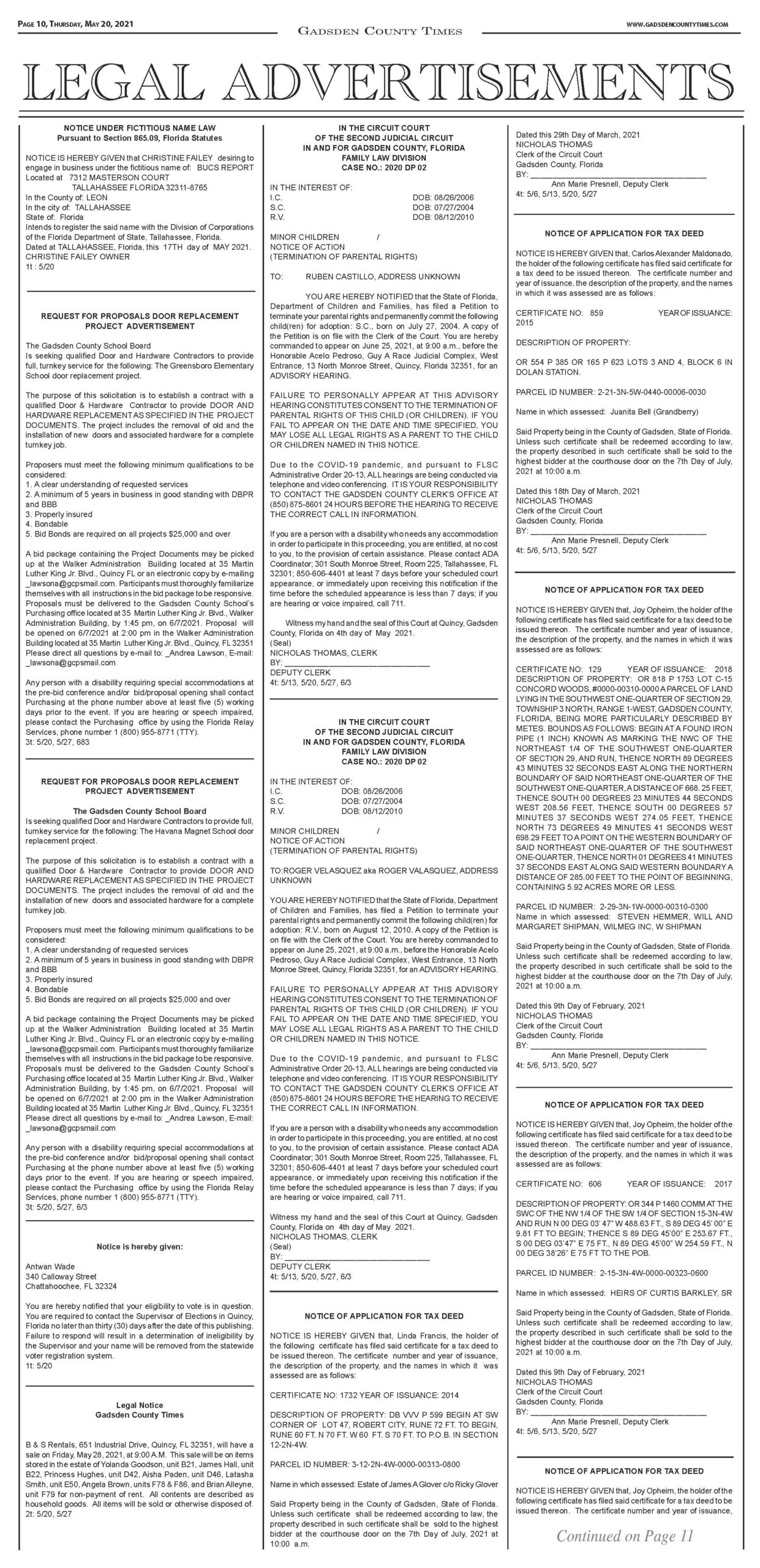 Gadsden County Times Legals – 5/20 – The Gadsden County Times