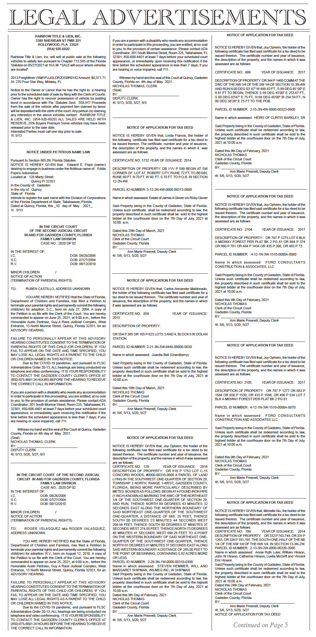 Gadsden County Times Legals – 5/13 – The Gadsden County Times